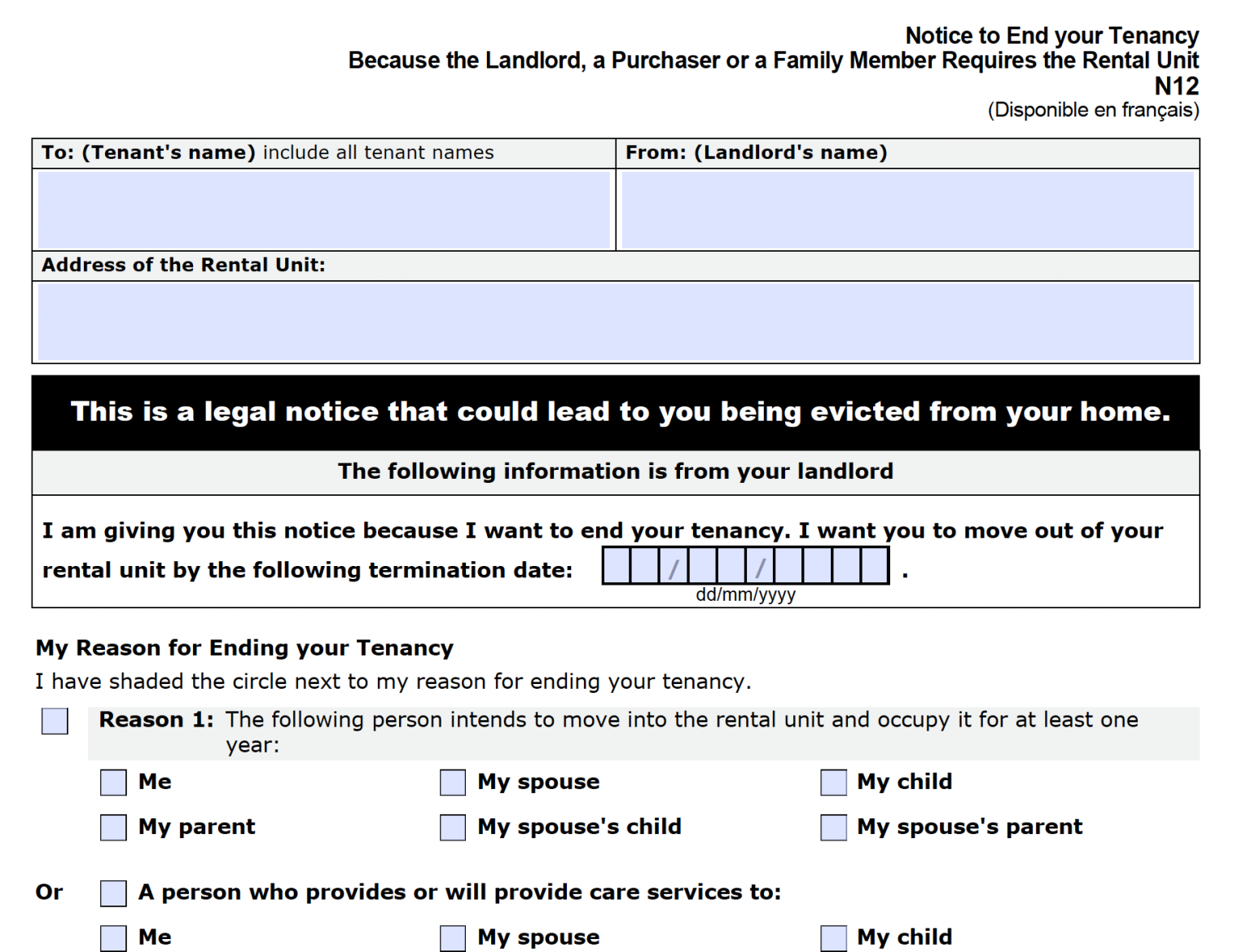 N12 FORM- NOTICE TO END YOUR TENANCY BECAUSE THE LANDLORD, A PURCHASER OR A FAMILY MEMBER ...